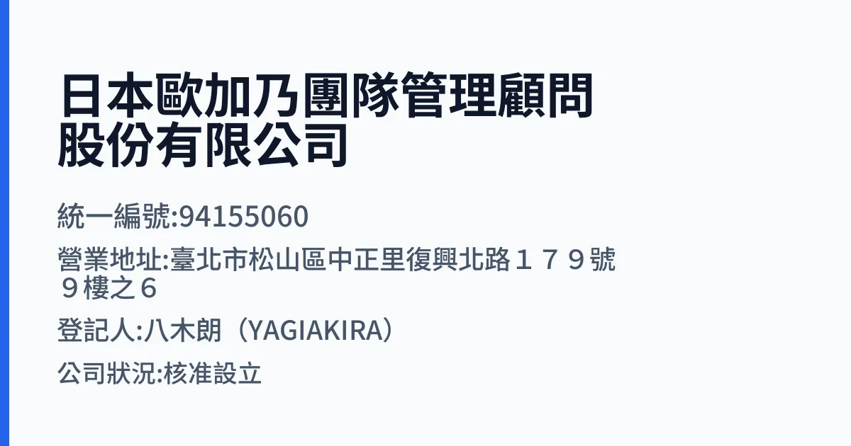 日本歐加乃團隊管理顧問股份有限公司 - 統編 94155060(桃園市) 公司登記資料與營業項目詳細圖表