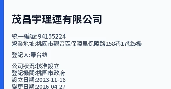 茂昌宇理運有限公司的照片-統編 94155224(桃園市) 公司登記資料與營業項目詳細圖表