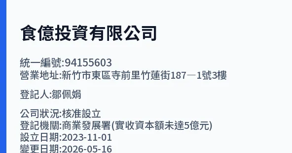 食億投資有限公司的照片-統編 94155603(新竹市) 公司登記資料與營業項目詳細圖表