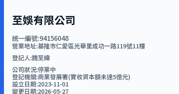 至娛有限公司的照片-統編 94156048(基隆市) 公司登記資料與營業項目詳細圖表