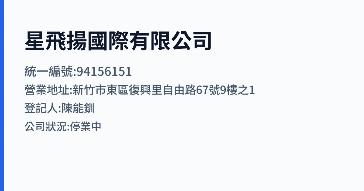 星飛揚國際有限公司 - 統編 94156151(新竹市) 公司登記資料與營業項目詳細圖表