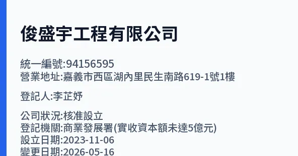俊盛宇工程有限公司的照片-統編 94156595(嘉義市) 公司登記資料與營業項目詳細圖表