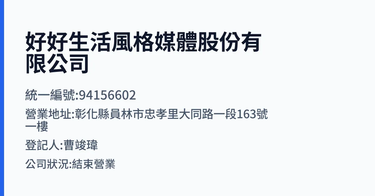 好好生活風格媒體股份有限公司 - 統編 94156602(彰化縣) 公司登記資料與營業項目詳細圖表