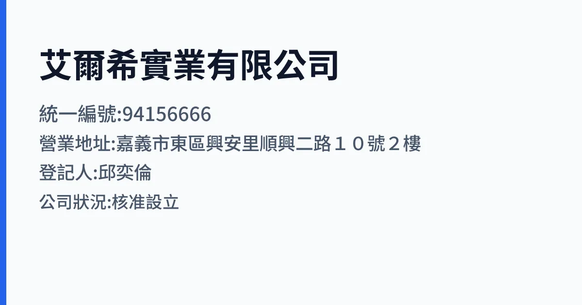 艾爾希實業有限公司 - 統編 94156666(嘉義市) 公司登記資料與營業項目詳細圖表