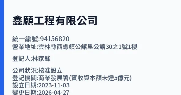 鑫願工程有限公司的照片-統編 94156820(雲林縣) 公司登記資料與營業項目詳細圖表