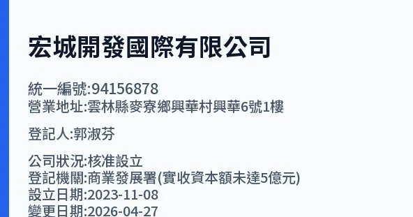 宏城開發國際有限公司的照片-統編 94156878(雲林縣) 公司登記資料與營業項目詳細圖表