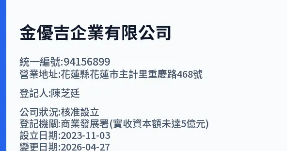 金優吉企業有限公司的照片-統編 94156899(花蓮縣) 公司登記資料與營業項目詳細圖表