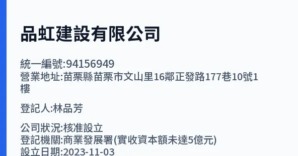 品虹建設有限公司的照片-統編 94156949(苗栗縣) 公司登記資料與營業項目詳細圖表