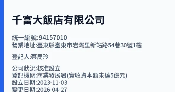 千富大飯店有限公司的照片-統編 94157010(臺東縣) 公司登記資料與營業項目詳細圖表