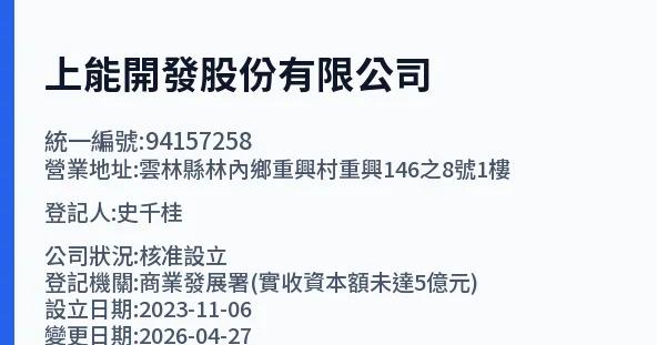 上能開發股份有限公司的照片-統編 94157258(雲林縣) 公司登記資料與營業項目詳細圖表