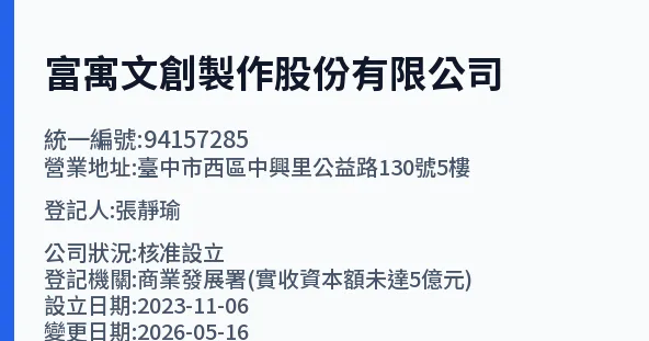 富寓文創製作股份有限公司的照片-統編 94157285(臺中市) 公司登記資料與營業項目詳細圖表