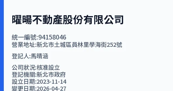 曜暘不動產股份有限公司的照片-統編 94158046(新北市) 公司登記資料與營業項目詳細圖表