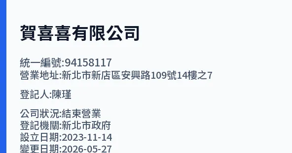 賀喜喜有限公司的照片-統編 94158117(新北市) 公司登記資料與營業項目詳細圖表