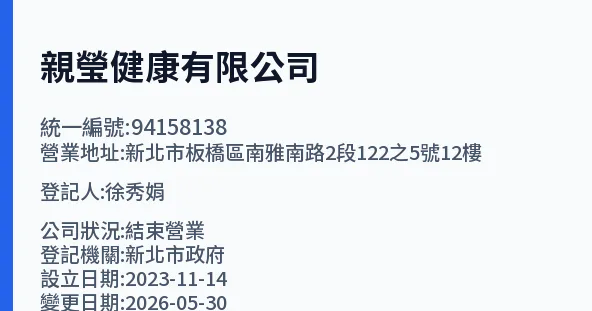 親瑩健康有限公司的照片-統編 94158138(新北市) 公司登記資料與營業項目詳細圖表