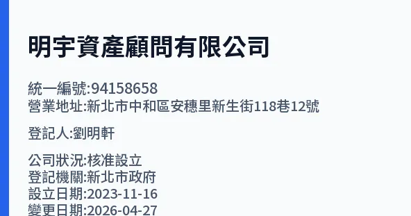 明宇資產顧問有限公司的照片-統編 94158658(新北市) 公司登記資料與營業項目詳細圖表