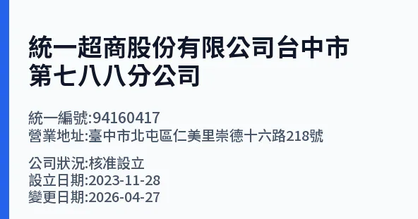 統一超商股份有限公司台中市第七八八分公司的照片-統編 94160417(臺中市) 公司登記資料與營業項目詳細圖表