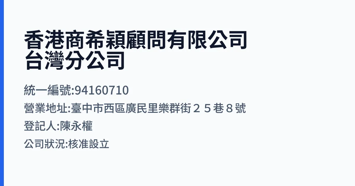 香港商希穎顧問有限公司台灣分公司 - 統編 94160710(臺北市) 公司登記資料與營業項目詳細圖表