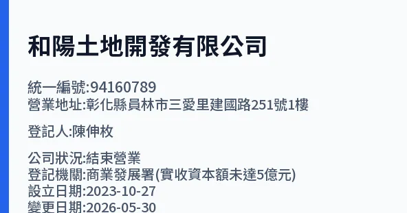 和陽土地開發有限公司的照片-統編 94160789(彰化縣) 公司登記資料與營業項目詳細圖表