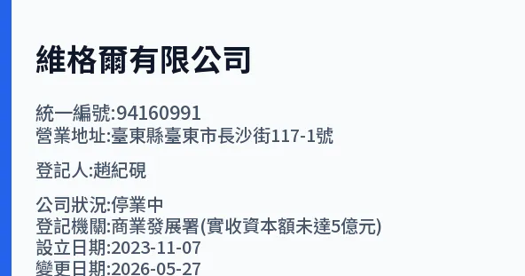 維格爾有限公司的照片-統編 94160991(臺東縣) 公司登記資料與營業項目詳細圖表