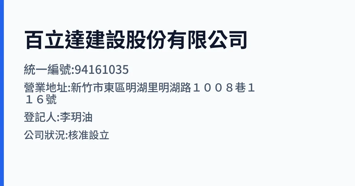百立達建設股份有限公司 - 統編 94161035(新竹市) 公司登記資料與營業項目詳細圖表