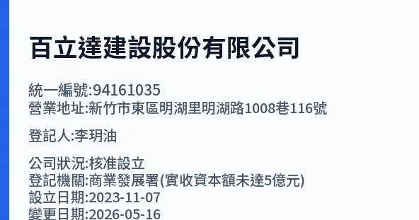 百立達建設股份有限公司的照片-統編 94161035(新竹市) 公司登記資料與營業項目詳細圖表