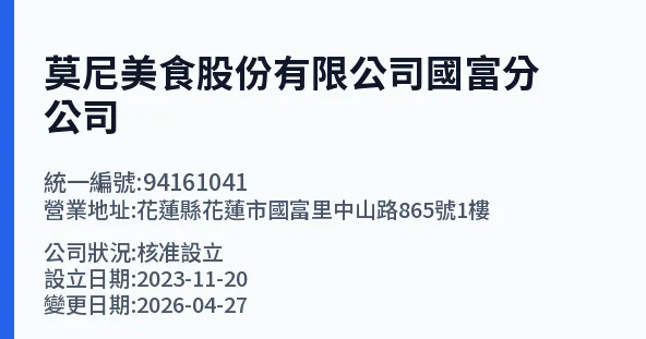 莫尼美食股份有限公司國富分公司的照片-統編 94161041(花蓮縣) 公司登記資料與營業項目詳細圖表