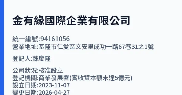 金有緣國際企業有限公司的照片-統編 94161056(基隆市) 公司登記資料與營業項目詳細圖表