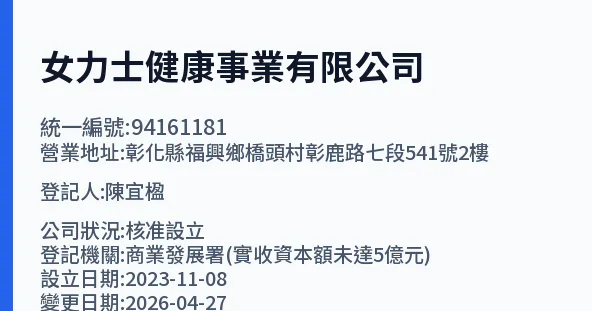 女力士健康事業有限公司的照片-統編 94161181(彰化縣) 公司登記資料與營業項目詳細圖表
