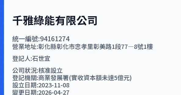 千雅綠能有限公司的照片-統編 94161274(彰化縣) 公司登記資料與營業項目詳細圖表