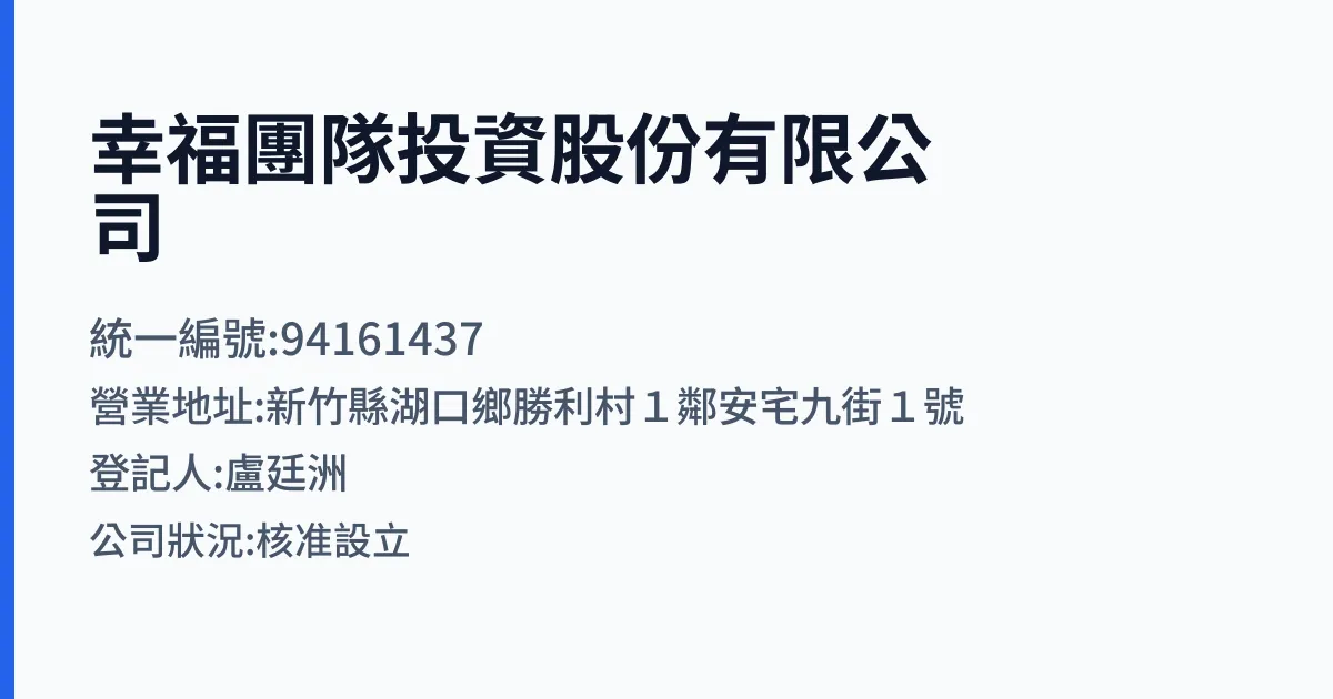 幸福團隊投資股份有限公司 - 統編 94161437(新竹縣) 公司登記資料與營業項目詳細圖表