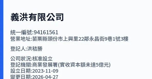 義洪有限公司的照片-統編 94161561(苗栗縣) 公司登記資料與營業項目詳細圖表