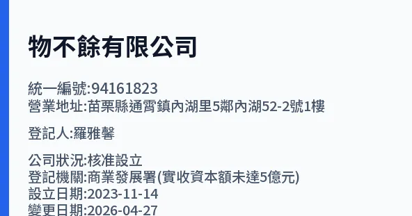 物不餘有限公司的照片-統編 94161823(苗栗縣) 公司登記資料與營業項目詳細圖表