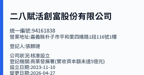 二八賦活創富股份有限公司的照片-統編 94161838(嘉義縣) 公司登記資料與營業項目詳細圖表