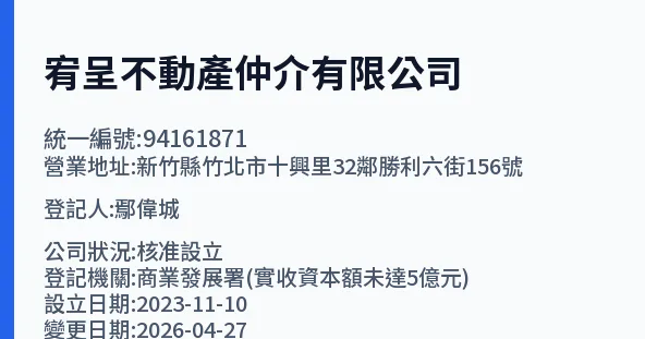 宥呈不動產仲介有限公司的照片-統編 94161871(新竹縣) 公司登記資料與營業項目詳細圖表