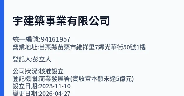 宇建築事業有限公司的照片-統編 94161957(苗栗縣) 公司登記資料與營業項目詳細圖表