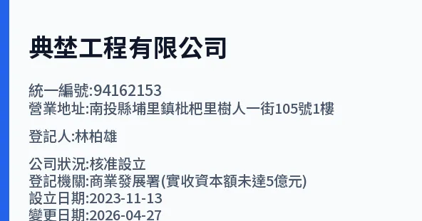 典埜工程有限公司的照片-統編 94162153(南投縣) 公司登記資料與營業項目詳細圖表