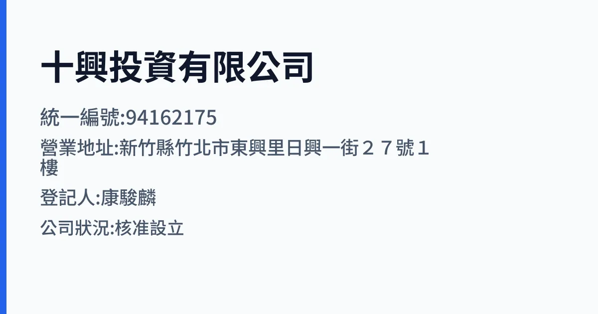 十興投資有限公司 - 統編 94162175（新竹縣） 公司登記資料與營業項目詳細圖表