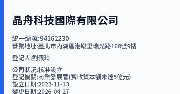 晶舟科技國際有限公司的照片-統編 94162230(臺北市) 公司登記資料與營業項目詳細圖表