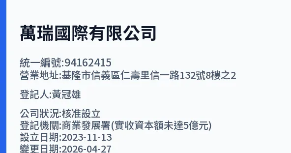萬瑞國際有限公司的照片-統編 94162415(基隆市) 公司登記資料與營業項目詳細圖表