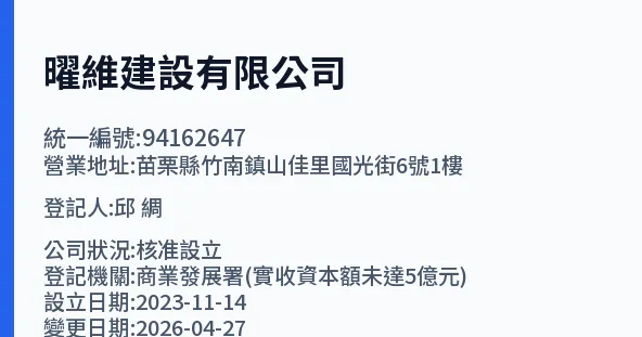 曜維建設有限公司的照片-統編 94162647(苗栗縣) 公司登記資料與營業項目詳細圖表