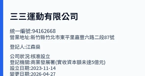 三三運動有限公司的照片-統編 94162668(新竹縣) 公司登記資料與營業項目詳細圖表