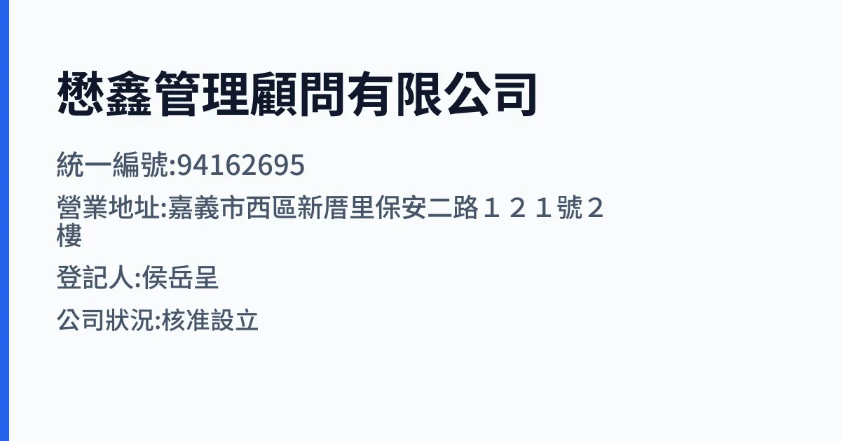 懋鑫管理顧問有限公司 - 統編 94162695（嘉義市） 公司登記資料與營業項目詳細圖表