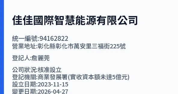 佳佳國際智慧能源有限公司的照片-統編 94162822(彰化縣) 公司登記資料與營業項目詳細圖表