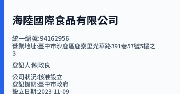 海陸國際食品有限公司的照片-統編 94162956(臺中市) 公司登記資料與營業項目詳細圖表