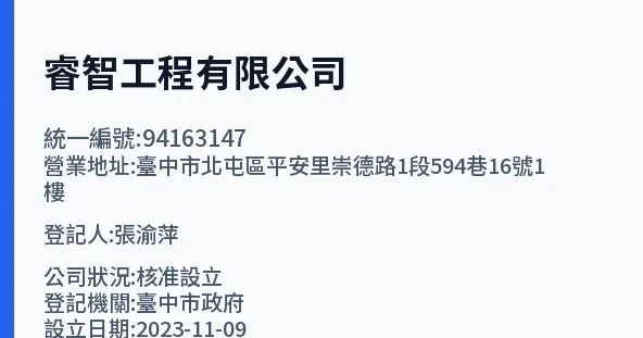 睿智工程有限公司的照片-統編 94163147(臺中市) 公司登記資料與營業項目詳細圖表
