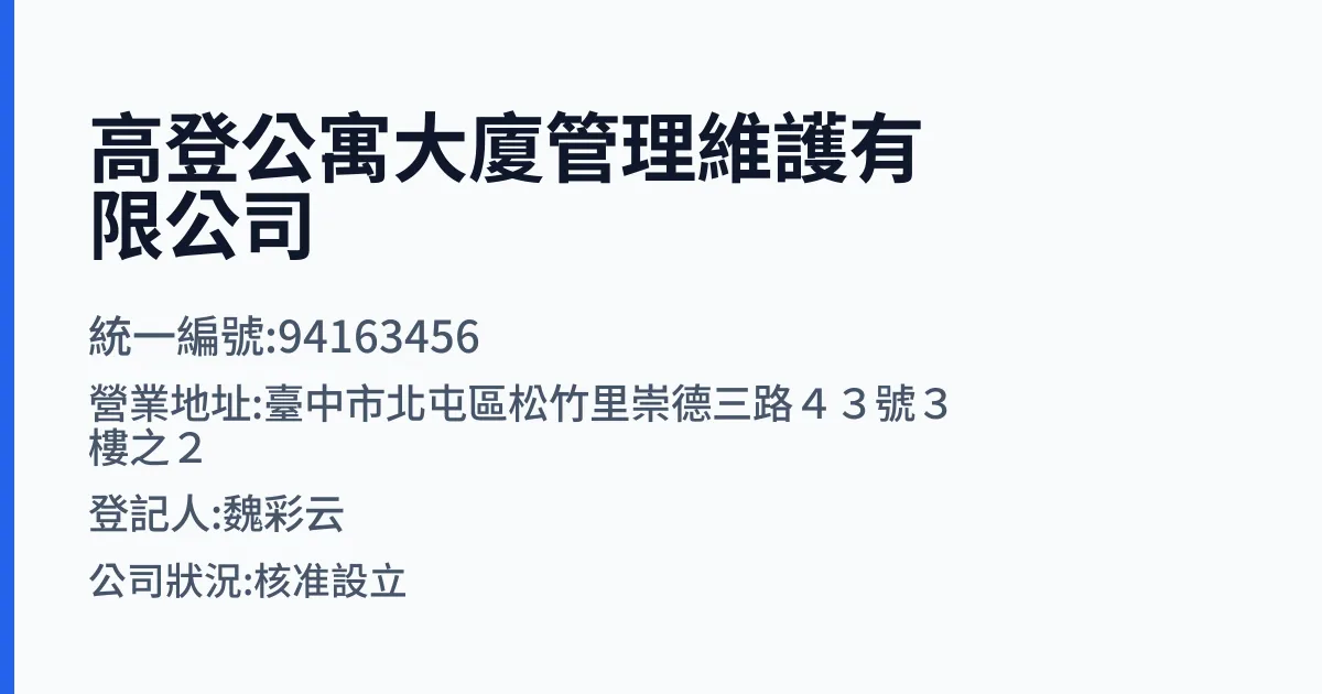 高登公寓大廈管理維護有限公司 - 統編 94163456 (臺中市) 公司登記資料與營業項目詳細圖表