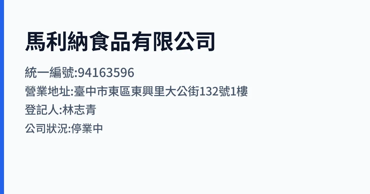 馬利納食品有限公司 - 統編 94163596(臺中市) 公司登記資料與營業項目詳細圖表