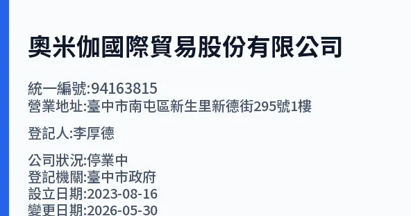奧米伽國際貿易股份有限公司的照片-統編 94163815(臺中市) 公司登記資料與營業項目詳細圖表