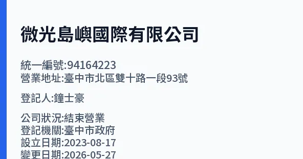微光島嶼國際有限公司的照片-統編 94164223(臺中市) 公司登記資料與營業項目詳細圖表