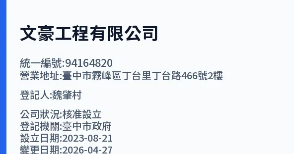 文豪工程有限公司的照片-統編 94164820(臺中市) 公司登記資料與營業項目詳細圖表